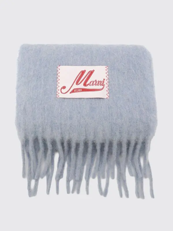 Marni Logo-patch Fringed Alpaca Wool-blend Scarf In A Colour-block Design - Blue