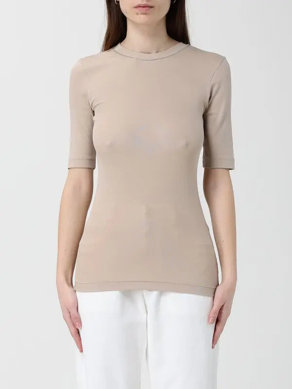 Brunello Cucinelli Stretch Cotton T-shirt With Monili Embellishment - Beige