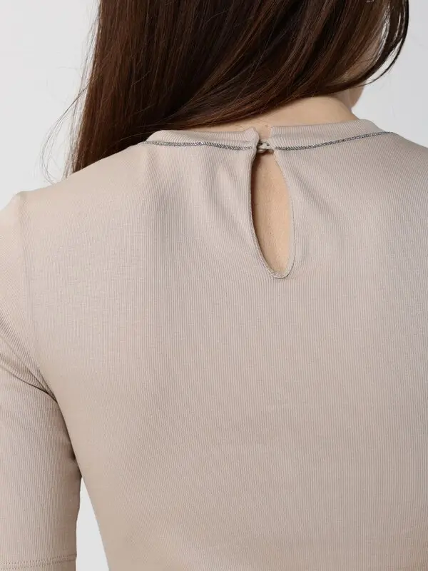 Brunello Cucinelli Stretch Cotton T-shirt With Monili Embellishment - Beige