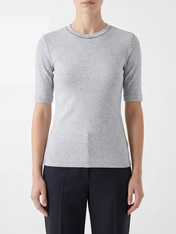 Brunello Cucinelli Stretch Cotton T-shirt With Monili Embellishment - Grey