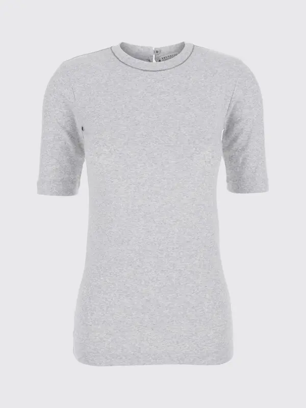 Brunello Cucinelli Stretch Cotton T-shirt With Monili Embellishment - Grey