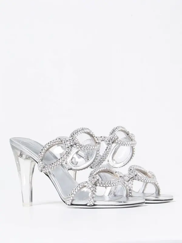 Valentino Garavani Rhinestone Embellished Satin Heeled Sandals - Silver