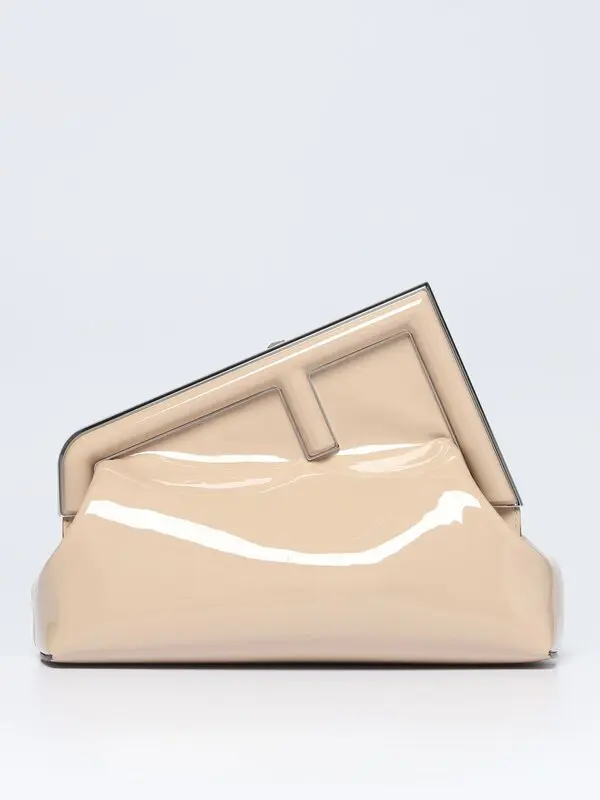 Fendi First Clutch In Patent Leather - Beige
