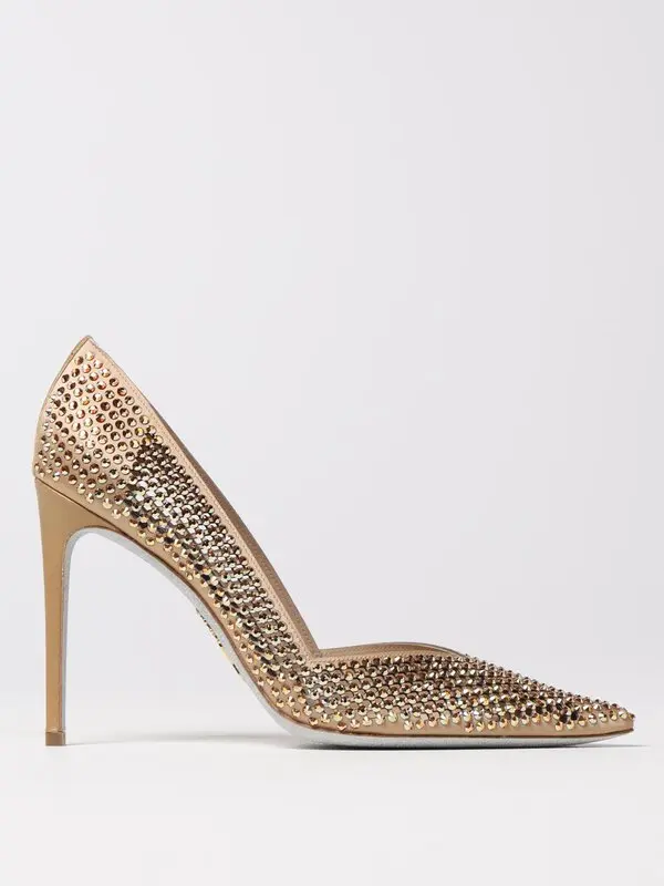 Rene Caovilla Ginger Pumps In Perforated Satin With Rhinestones - Gold