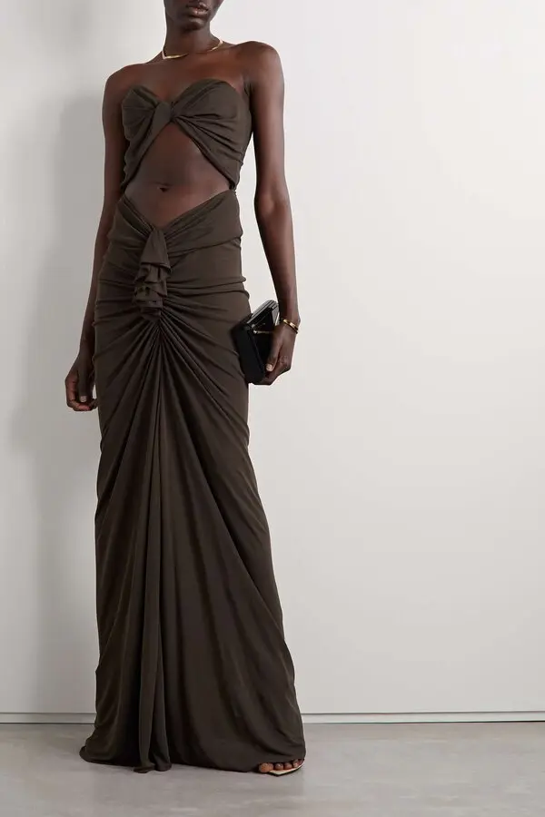 Saint Laurent Cutout Twist-Front Gathered Jersey Maxi Dress - Brown |  Editorialist
