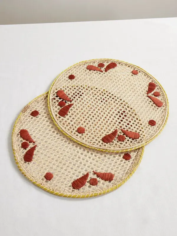 La DoubleJ Set Of Two Embroidered Raffia Placemats - Neutrals