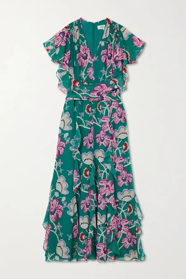 Diane Von Furstenberg Bleuet Belted Ruffled Floral-Print Chiffon Midi Dress  In Green - 50% Off | Editorialist