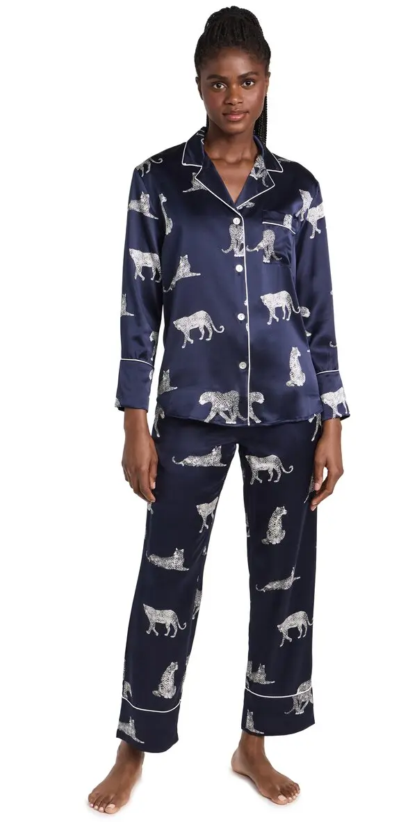 PETITE PLUME Silk Panther De Nuit Pajama Set - Navy