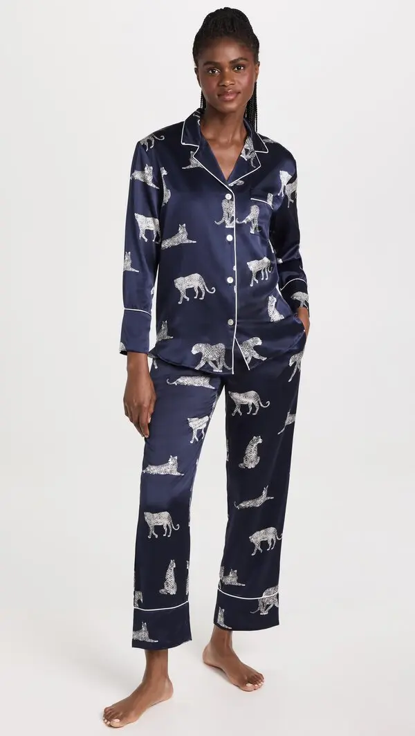 PETITE PLUME Silk Panther De Nuit Pajama Set - Navy