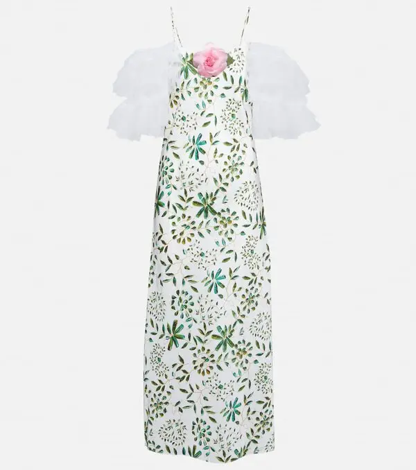 RODARTE Floral Appliqué Silk Midi Dress - Green