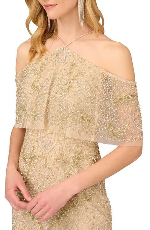 Adrianna Papell Beaded Halter Gown - Beige/Light Gold | Editorialist