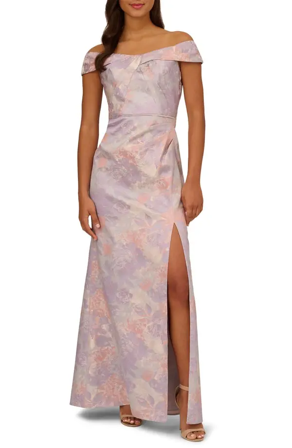 Adrianna Papell Metallic Jacquard Off The Shoulder Gown - Peri Multi |  Editorialist