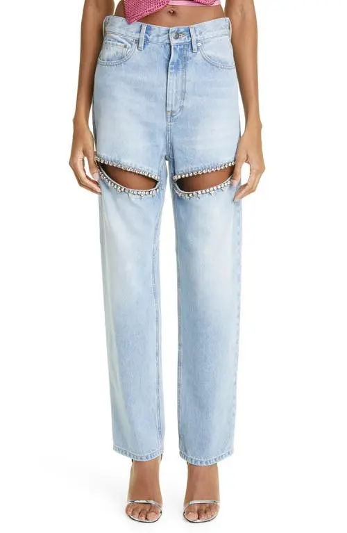 AREA Crystal Slit Straight Leg Jeans - Light Blue