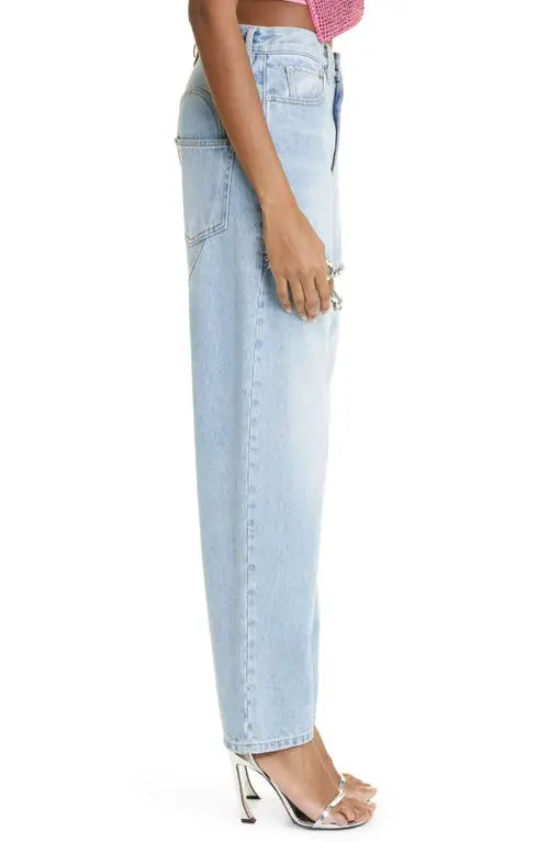 AREA Crystal Slit Straight Leg Jeans - Light Blue