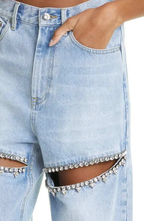 AREA Crystal Slit Straight Leg Jeans - Light Blue