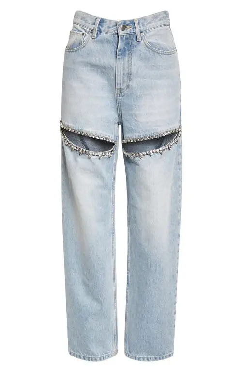 AREA Crystal Slit Straight Leg Jeans - Light Blue