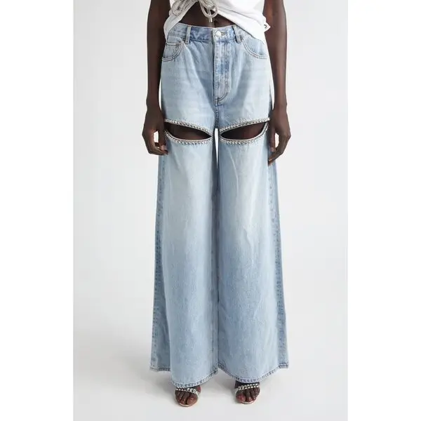 AREA Crystal Slit Wide Leg Jeans