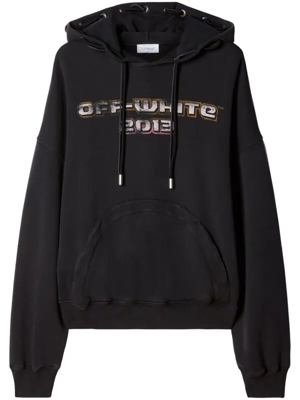 Off-White Printed Drawstring Hoodie - Black