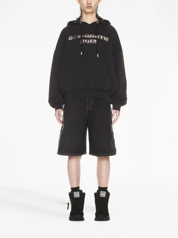 Off-White Printed Drawstring Hoodie - Black