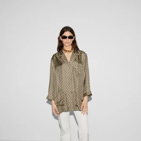 Gucci Gg Supreme Print Silk Shirt - Brown