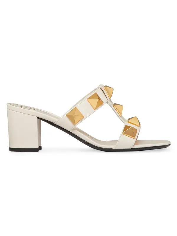 Valentino Garavani Roman Stud Calfskin Slide Sandals 60mm - Light Ivory