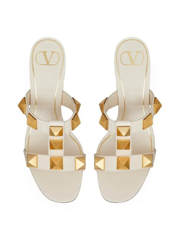 Valentino Garavani Roman Stud Calfskin Slide Sandals 60mm - Light Ivory