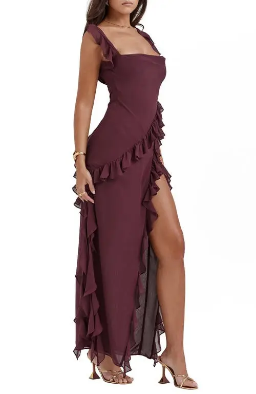 House Of Cb Ariela Ruffle Slit Gown - Mulberry