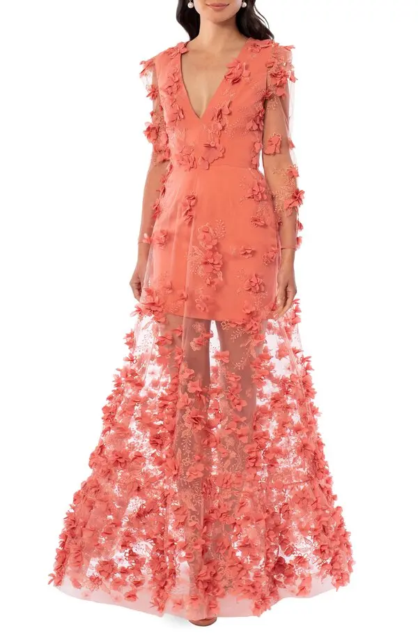 Helsi Blair Floral Appliqu Long Sleeve Gown - Coral | Editorialist