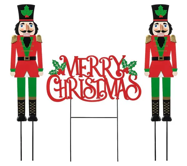 GLITZHOME Metal Nutcracker Merry Christmas Yard Stakes Set 2