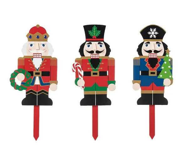 GLITZHOME Set Of 3 Wooden Nutcracker Yard Garde Stakes - One-color