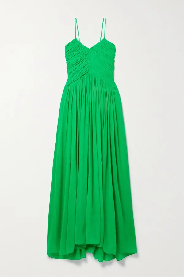 A.L.C. Rumi Ruched Pliss Silk-Chiffon Midi Dress In Green - 50% Off |  Editorialist