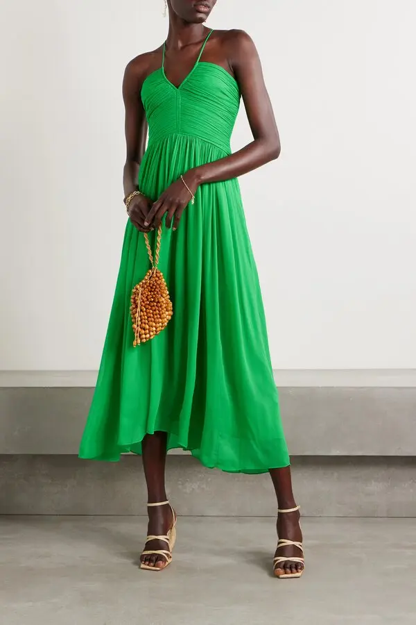 A.L.C. Rumi Ruched Pliss Silk-Chiffon Midi Dress In Green - 50% Off |  Editorialist