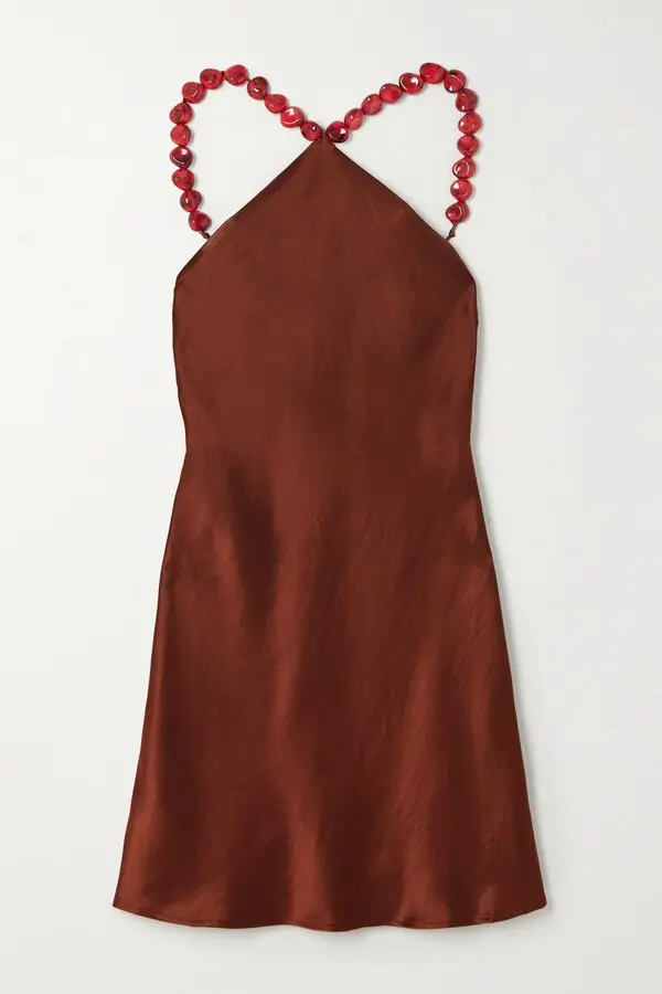 Staud Cadence Bead-Embellished Satin Halterneck Mini Dress In Brown - 50%  Off | Editorialist