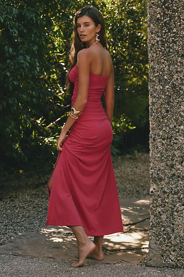CELANDINE Strapless Ruched Midi Dress - Red