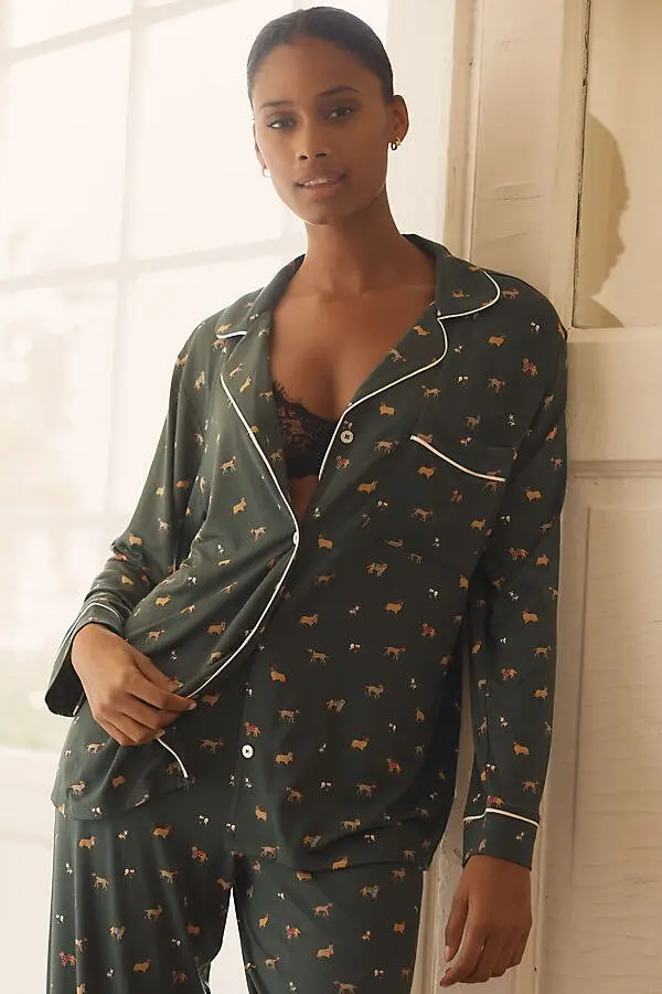 Eberjey Gisele Long-sleeve Prted Pajama Set - Dark Green