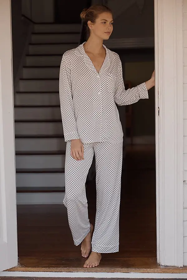 Eberjey Gisele Long-sleeve Prted Pajama Set - Ivory Dot