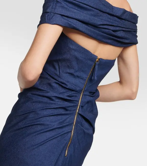 carolina herrera ruched off the shoulder midi dress Carolina Herrera Off-The-Shoulder Ruched Denim Midi Dress