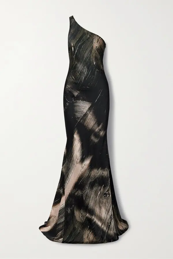 LOUISA BALLOU One-shoulder Printed Stretch-silk Maxi Dress - Black