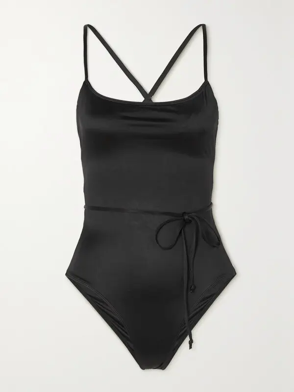 Good American Vacay Belted Stretch-satin One-piece Swimsuit - Black