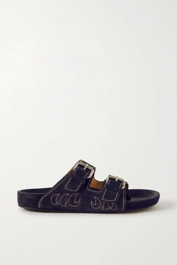 Isabel Marant Lennyo Buckled Embroidered Suede Slides