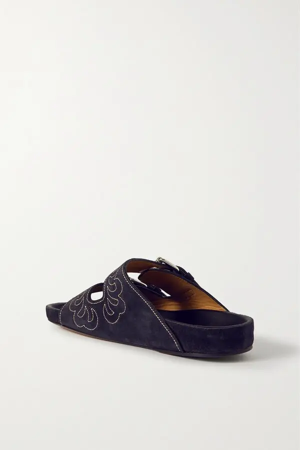 Isabel Marant Lennyo Buckled Embroidered Suede Slides