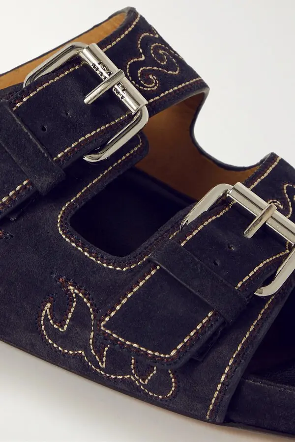 Isabel Marant Lennyo Buckled Embroidered Suede Slides