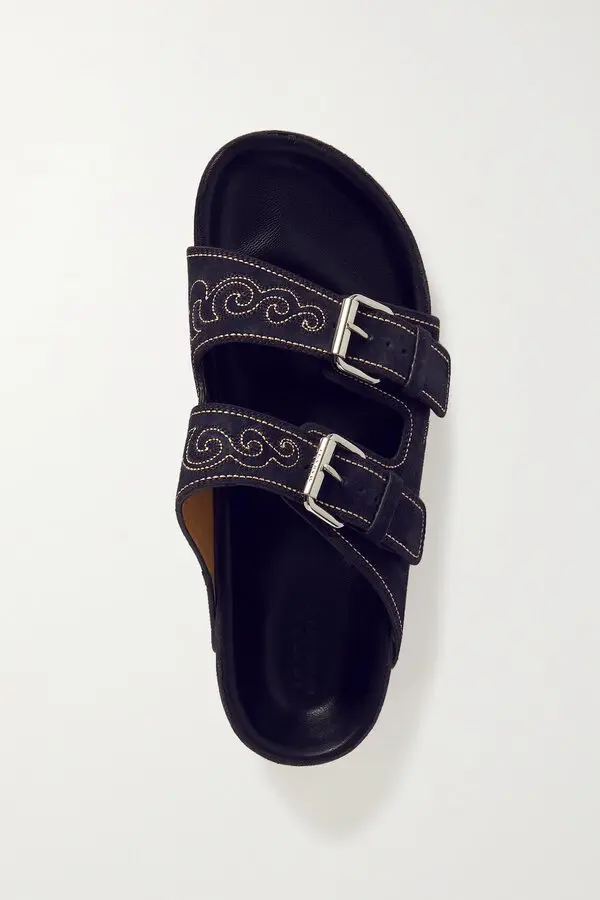 Isabel Marant Lennyo Buckled Embroidered Suede Slides
