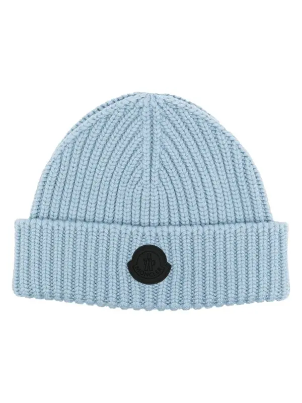 Moncler Logo-patch Knit Wool Beanie - Blue