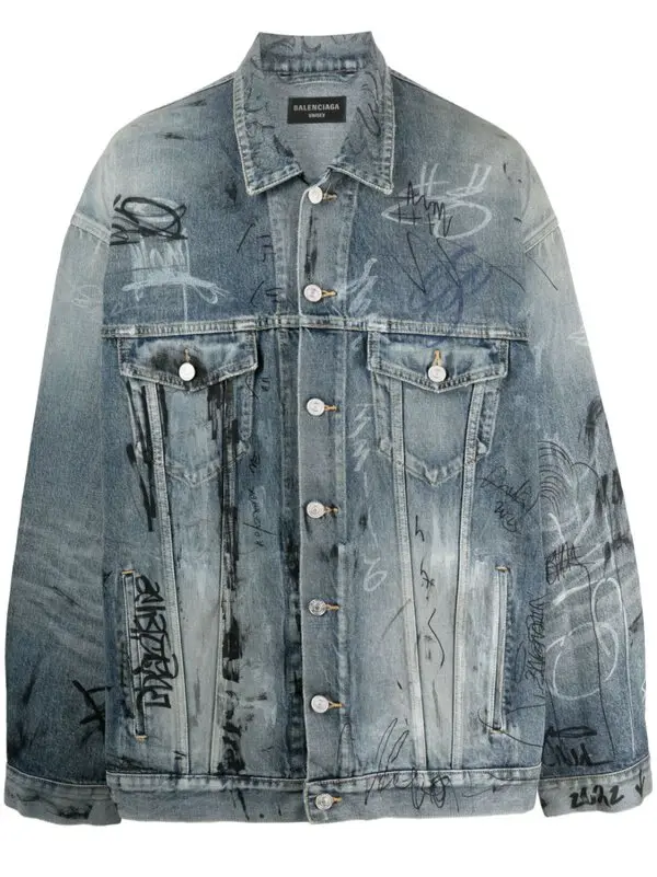 Balenciaga Graffiti-print Oversized Denim Jacket - Blue | Editorialist