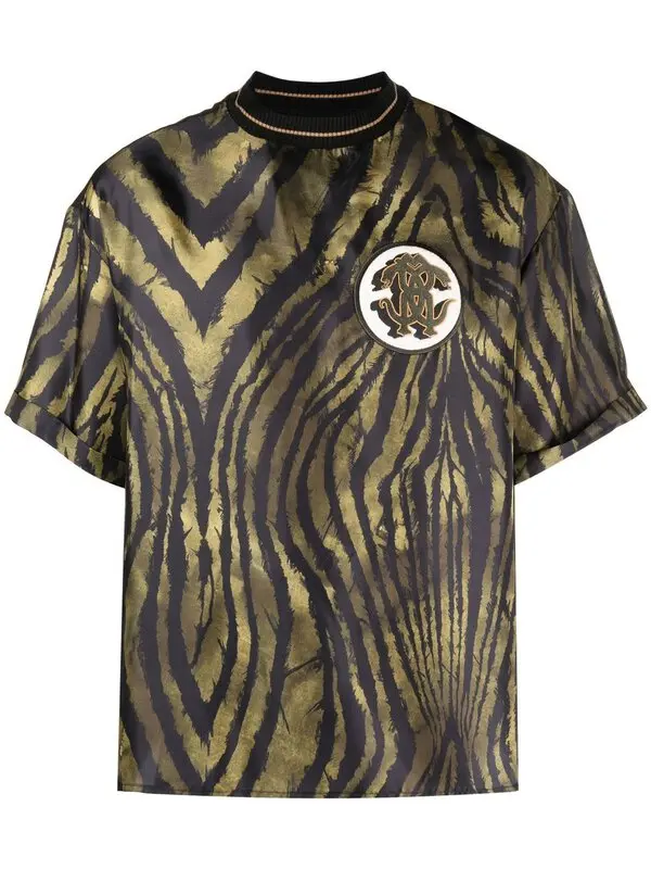 Roberto Cavalli Tiger-print Logo-patch Silk T-shirt - Green