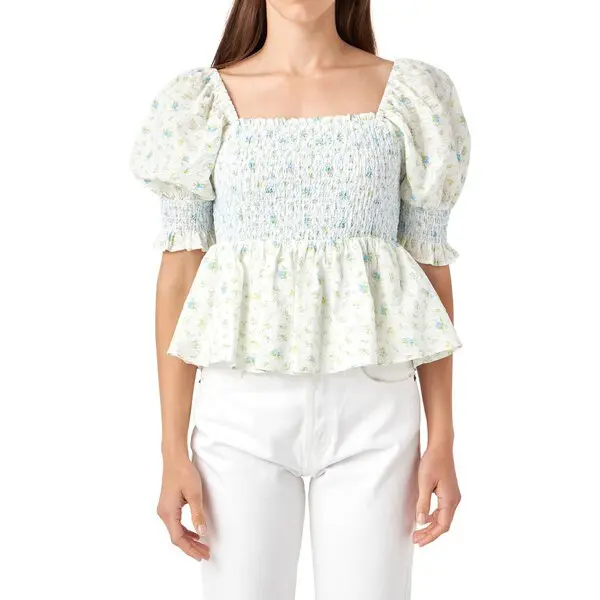 English Factory Floral Print Peplum Blouse - Blue Multi