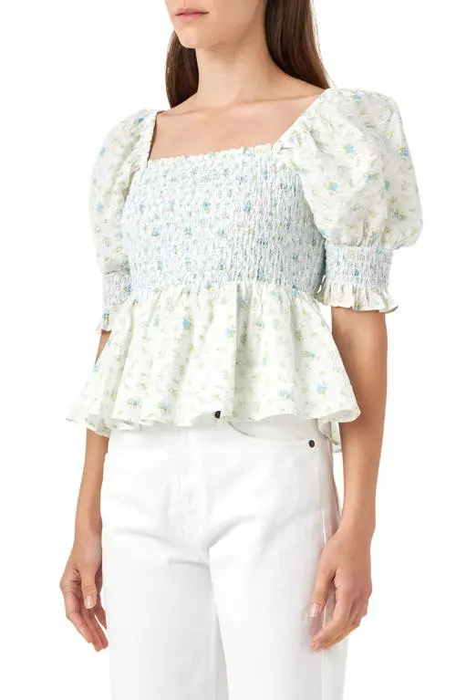 English Factory Floral Print Peplum Blouse - Blue Multi