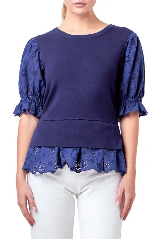 English Factory Mixed Media Eyelet Puff Sleeve Peplum Top