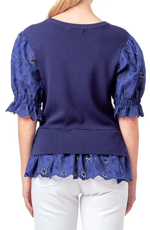English Factory Mixed Media Eyelet Puff Sleeve Peplum Top